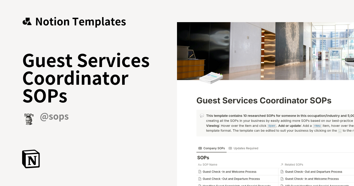 תבנית Guest Services Coordinator SOPs | Marketplace של Notion