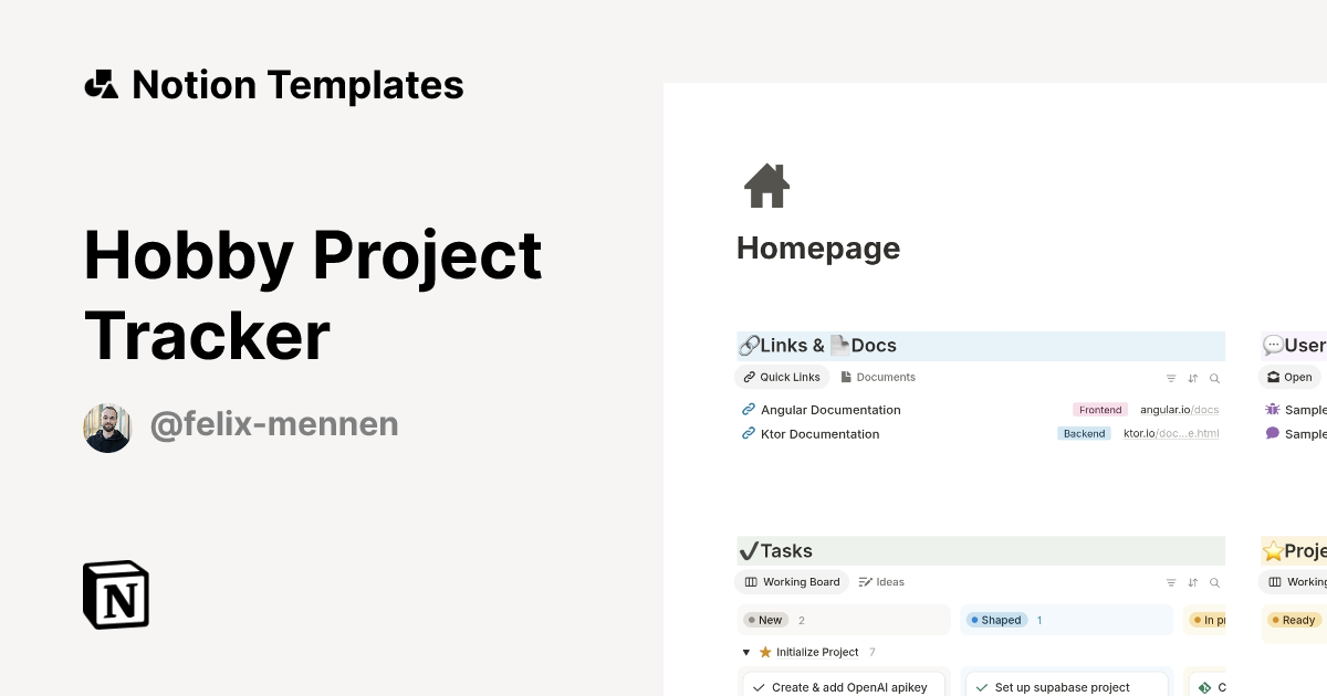 תבנית Hobby Project Tracker מאת Felix Mennen | Marketplace של Notion