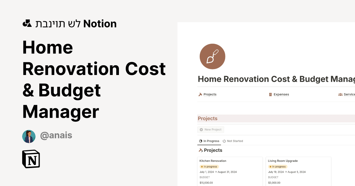 תבנית Home Renovation Cost & Budget Manager | Marketplace של Notion
