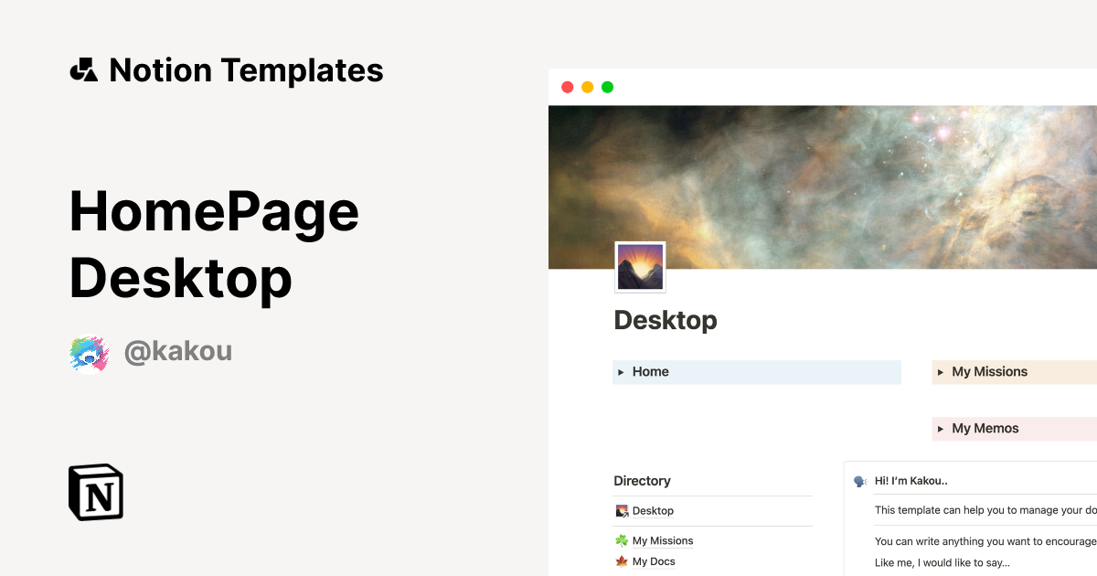 תבנית HomePage Desktop מאת Kakou | Marketplace של Notion