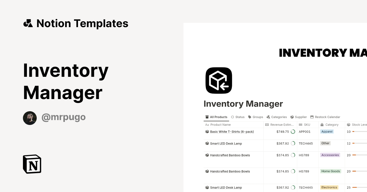 תבנית Inventory Manager מאת mrpugo | Marketplace של Notion