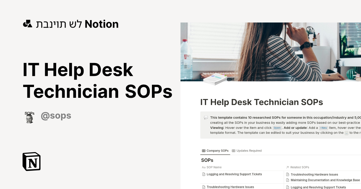 תבנית IT Help Desk Technician SOPs מאת SOPs | Marketplace של Notion