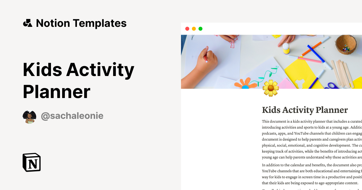 תבנית Kids Activity Planner | Marketplace של Notion