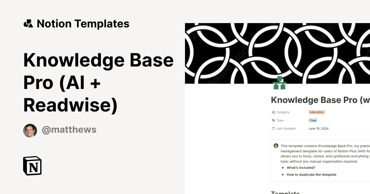 תבנית Knowledge Base Pro (AI + Readwise) | Marketplace של Notion