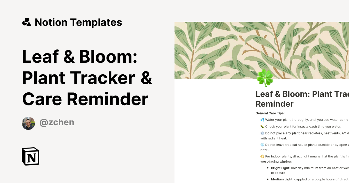 תבנית Leaf & Bloom: Plant Tracker & Care Reminder | Marketplace של Notion