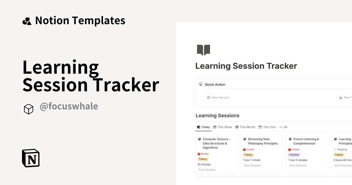 תבנית Learning Session Tracker מאת FocusWhale | Marketplace של Notion