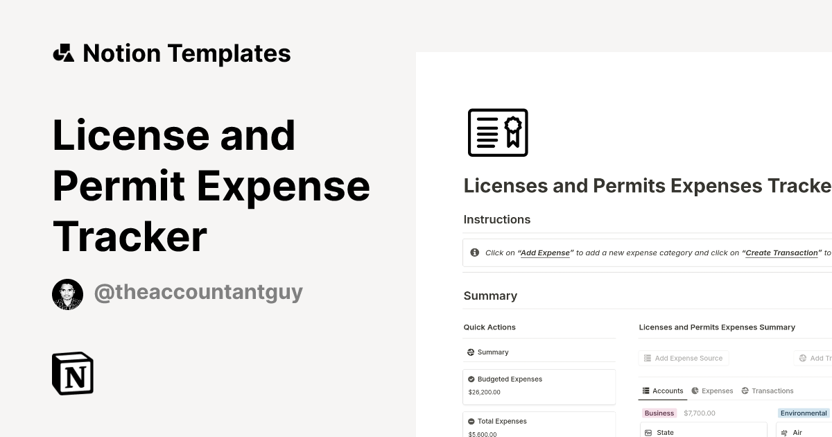 תבנית License and Permit Expense Tracker | Marketplace של Notion