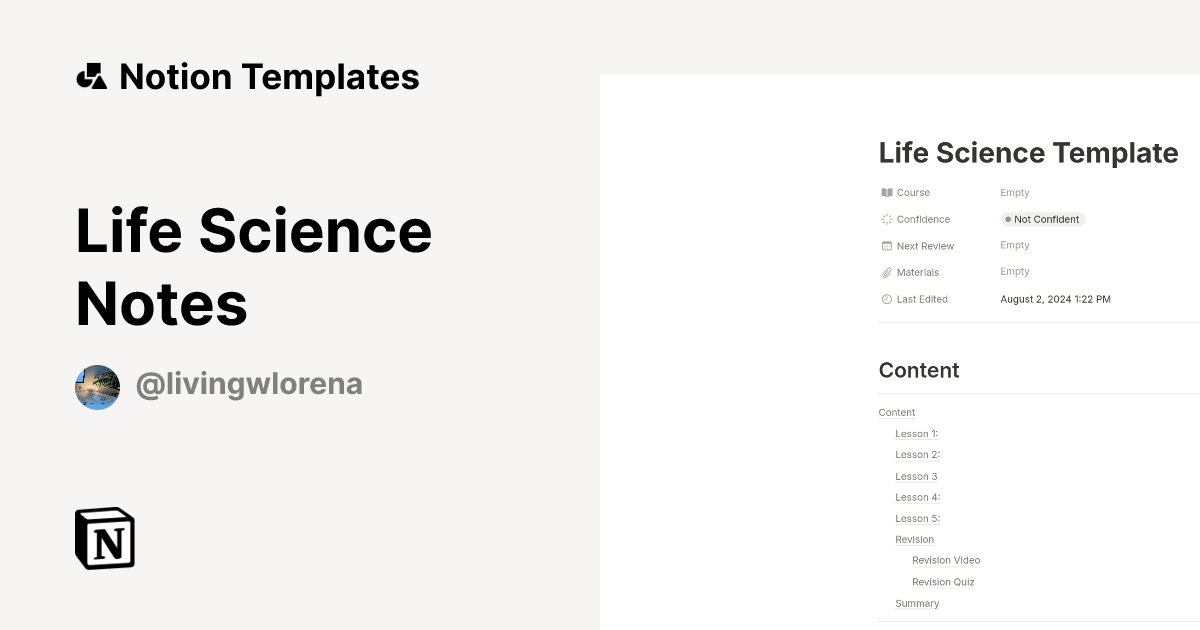תבנית Life Science Notes מאת Living with L | Marketplace של Notion