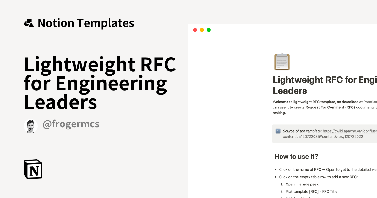 תבנית Lightweight RFC for Engineering Leaders | Marketplace של Notion