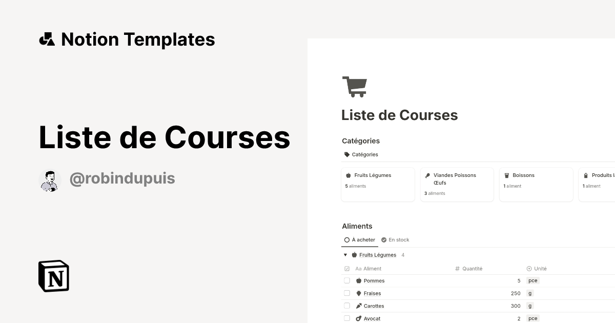 תבנית Liste de Courses מאת Robin Dupuis | Marketplace של Notion