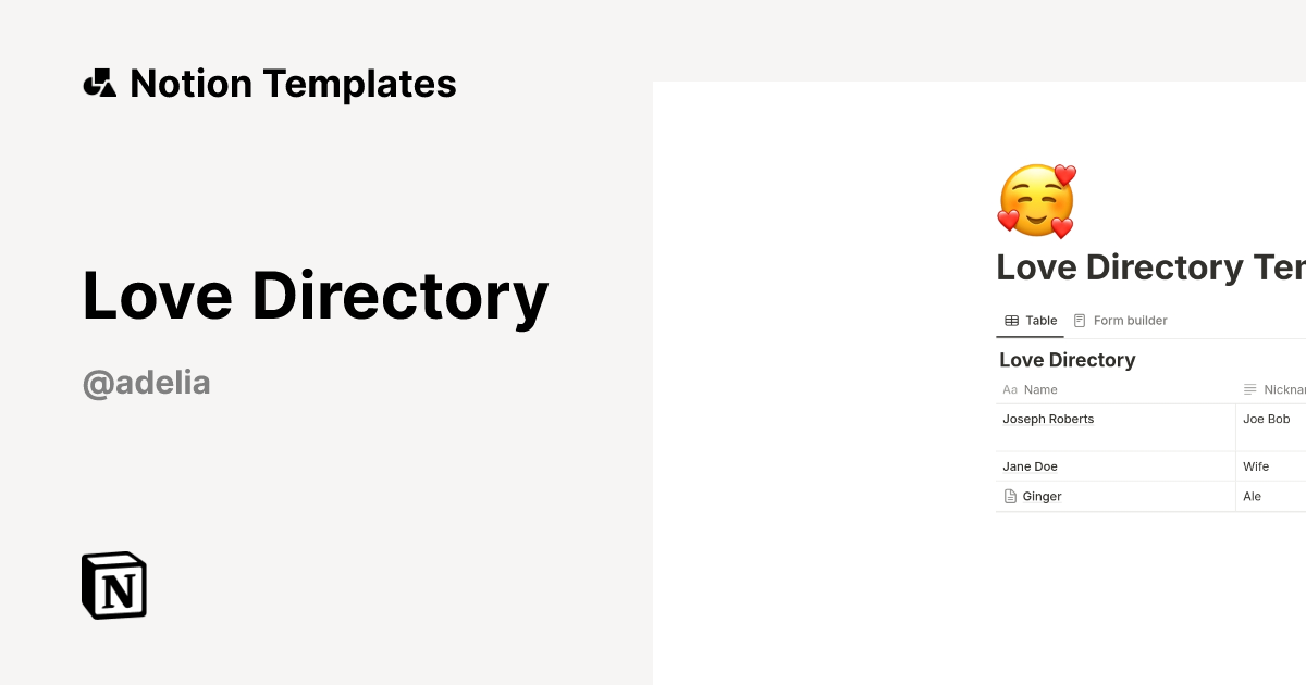 תבנית Love Directory מאת Adelia | Marketplace של Notion