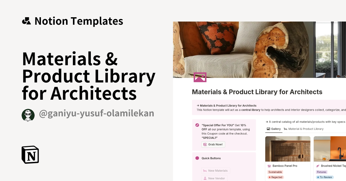 תבנית Materials & Product Library for Architects | Marketplace של Notion