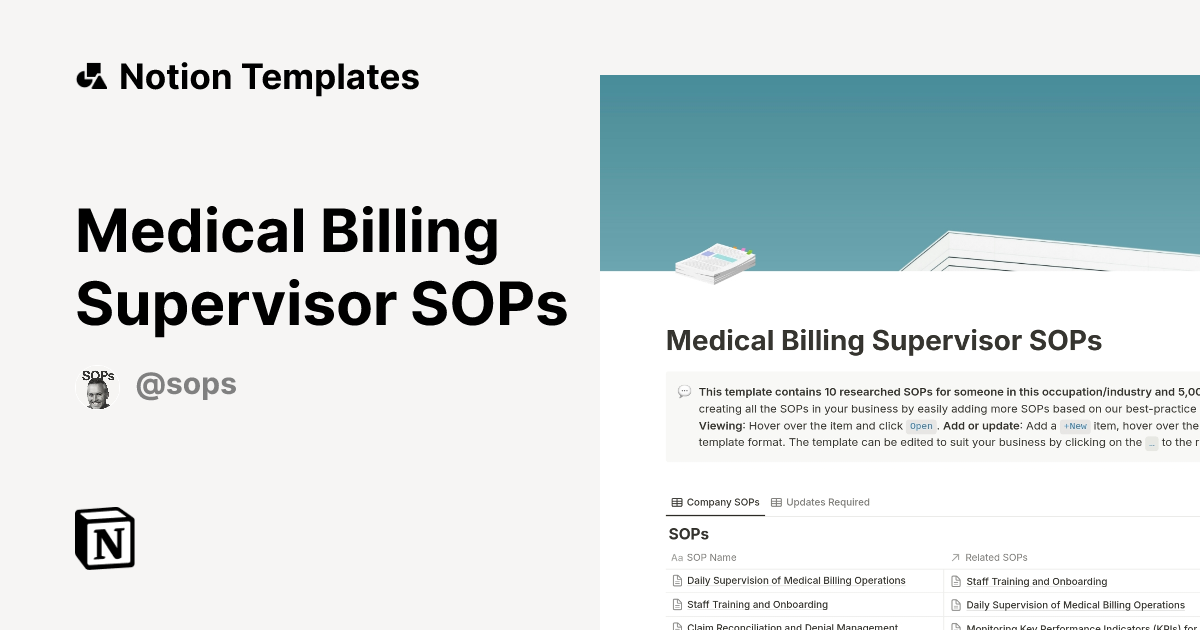 תבנית Medical Billing Supervisor SOPs מאת SOPs | Marketplace של Notion