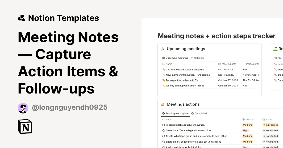 תבנית Meeting notes & action steps tracker מאת Long Nguyen ...