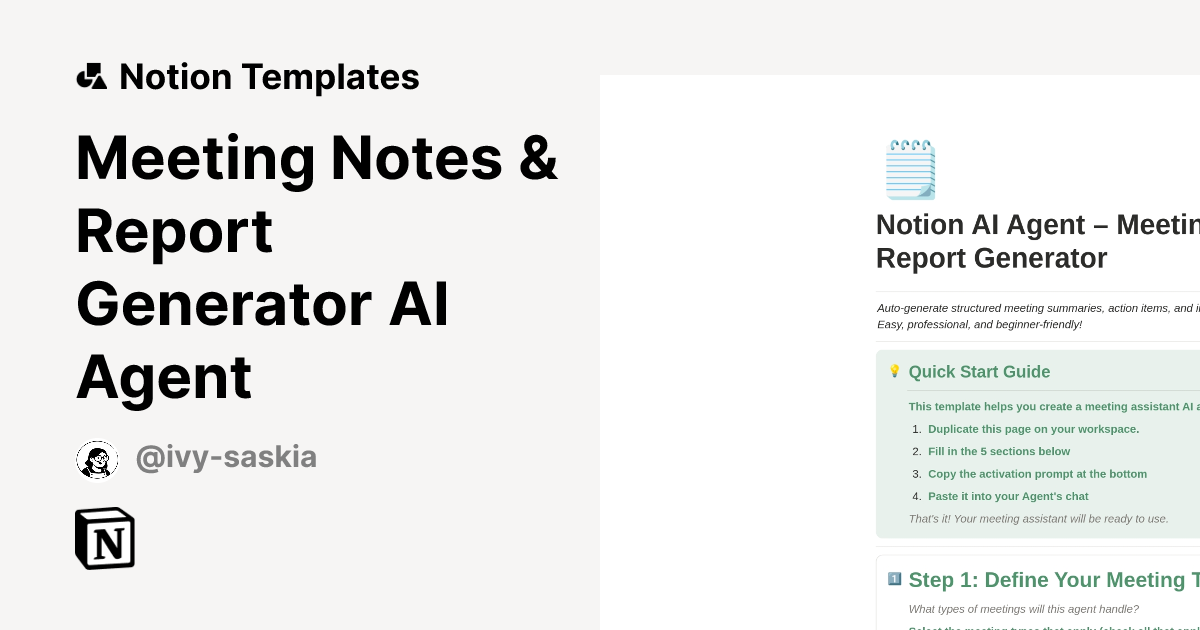 תבנית Meeting Notes & Report Generator AI Agent | Marketplace של Notion