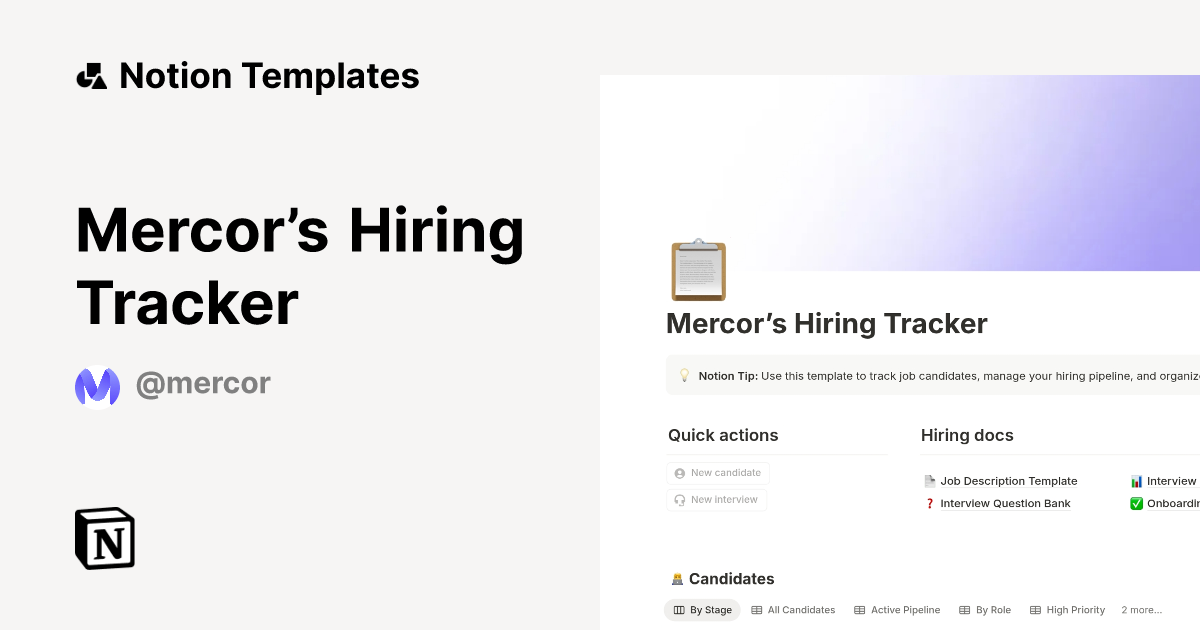 תבנית Mercor’s Hiring Tracker מאת Mercor | Marketplace של Notion