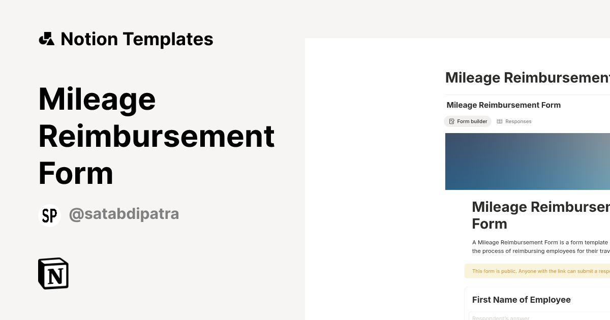 תבנית Mileage Reimbursement Form | Marketplace של Notion