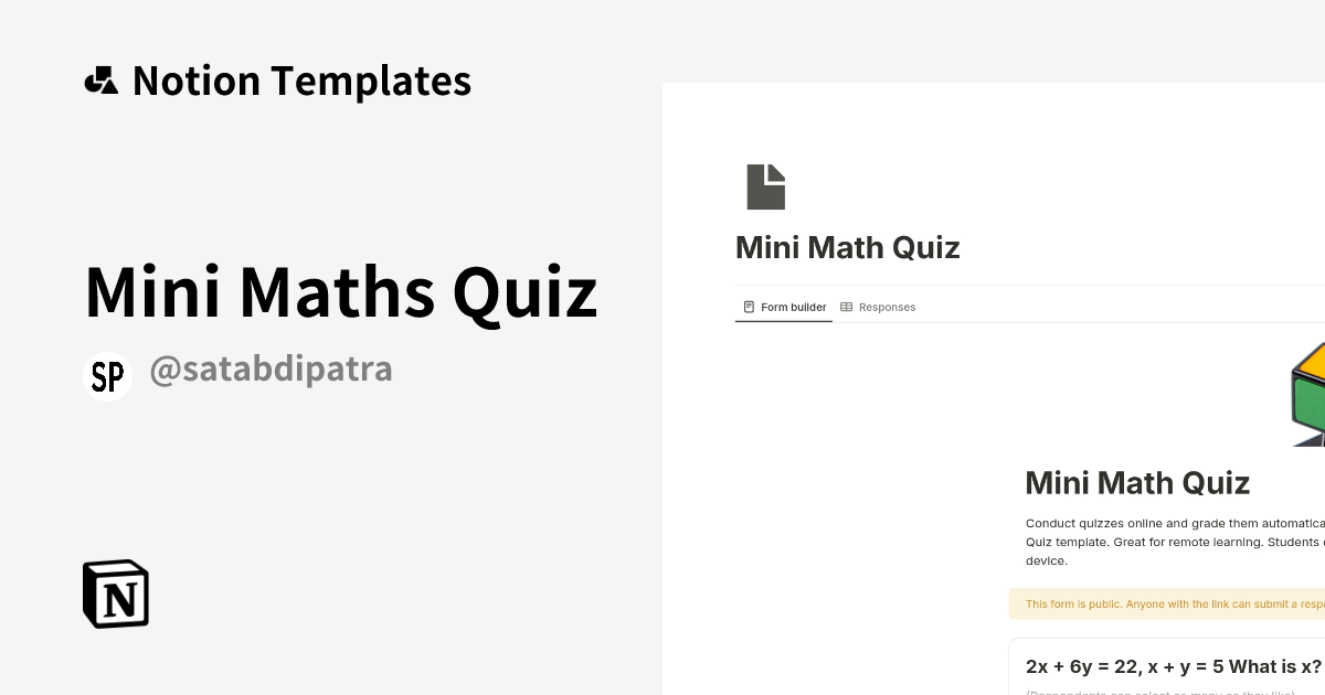 תבנית Mini Maths Quiz | Marketplace של Notion