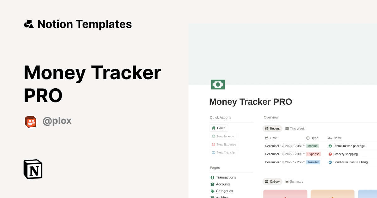תבנית Money Tracker PRO | Marketplace של Notion
