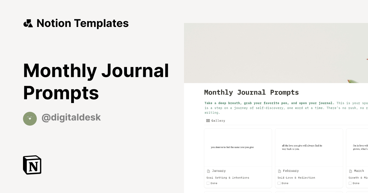 תבנית Monthly Journal Prompts מאת Digital Desk | Marketplace של Notion