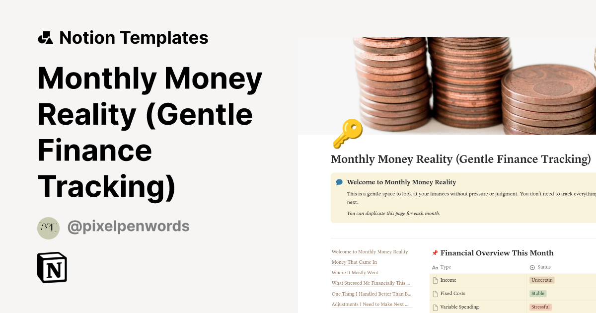 תבנית Monthly Money Reality (Gentle Finance Tracking) מאת Pixel Pen ...