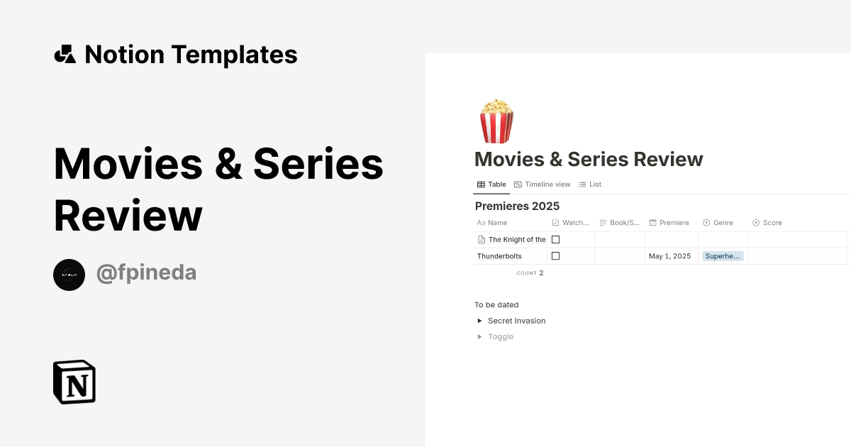 תבנית Movies & Series Review | Marketplace של Notion