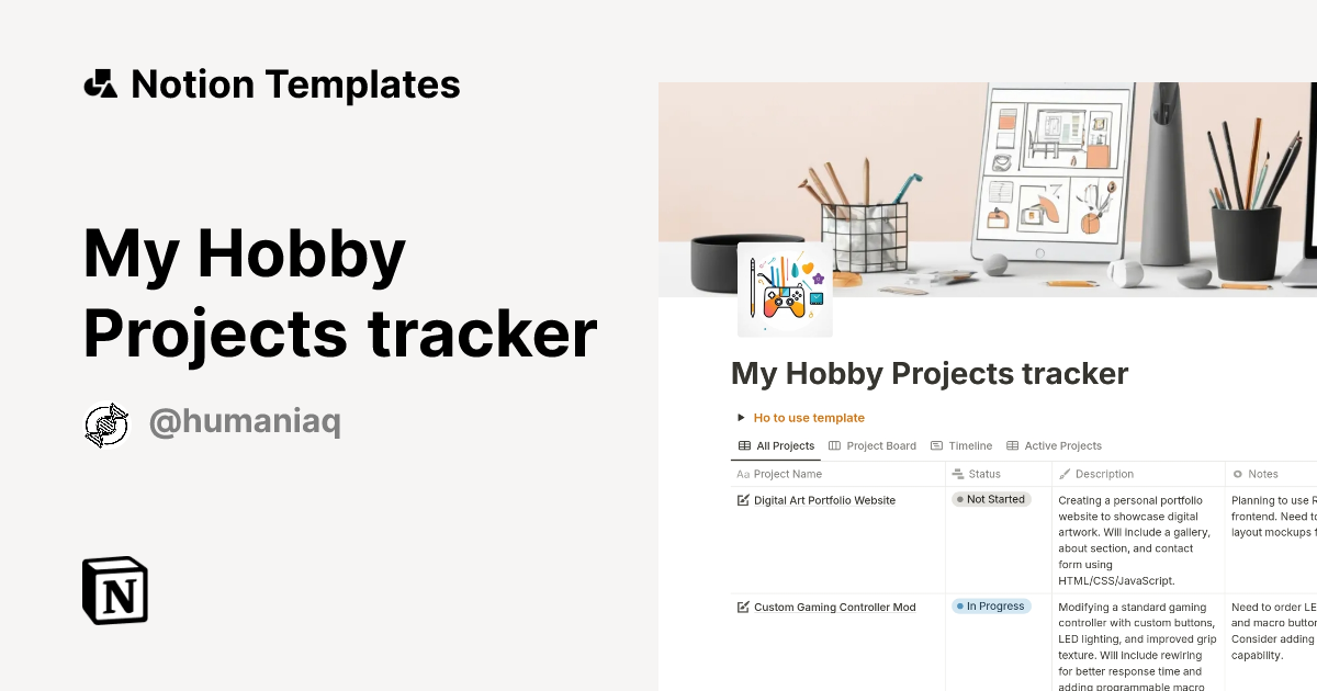 תבנית My Hobby Projects tracker מאת Humaniaq | Marketplace של Notion