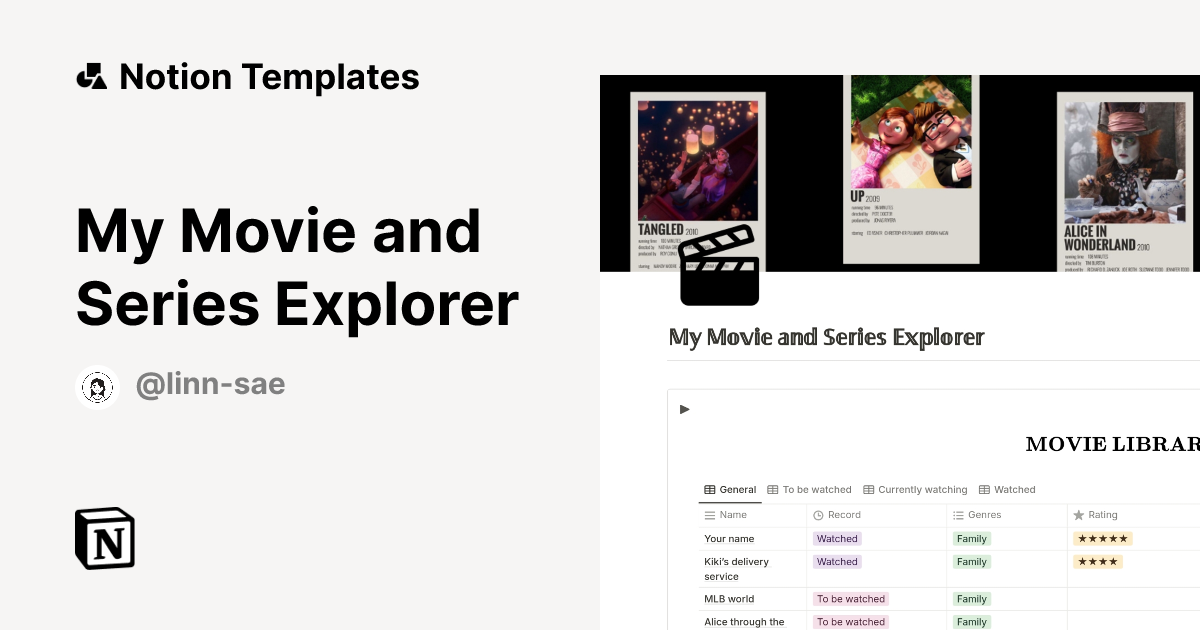 תבנית My Movie and Series Explorer מאת linnsae | Marketplace של Notion