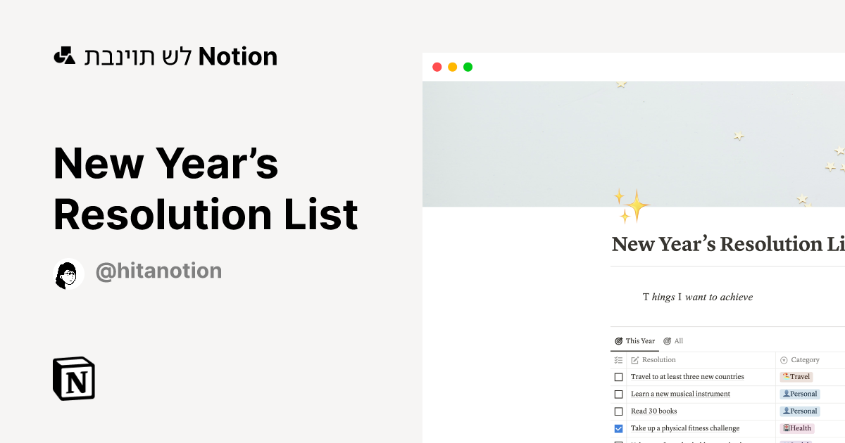 תבנית New Year’s Resolution List מאת HitaNotion | Marketplace של Notion