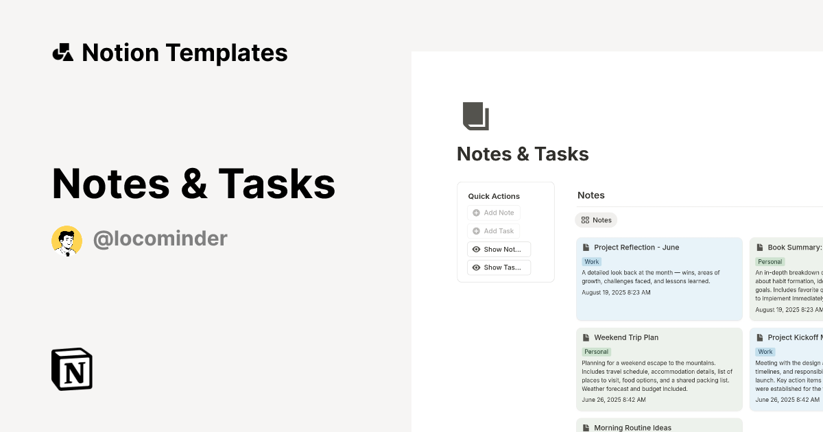 תבנית Notes & Tasks מאת Locominder | Marketplace של Notion