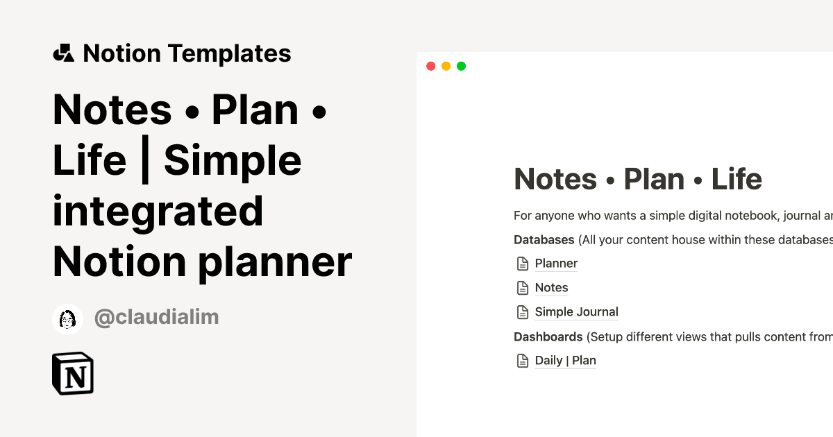 תבנית Notes • Plan • Life | Simple integrated Notion planner מאת ...