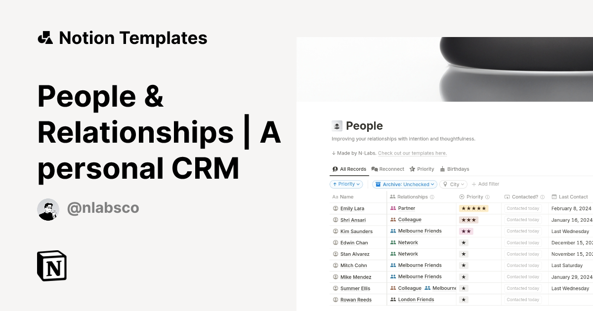 תבנית People & Relationships | A personal CRM | Marketplace של Notion