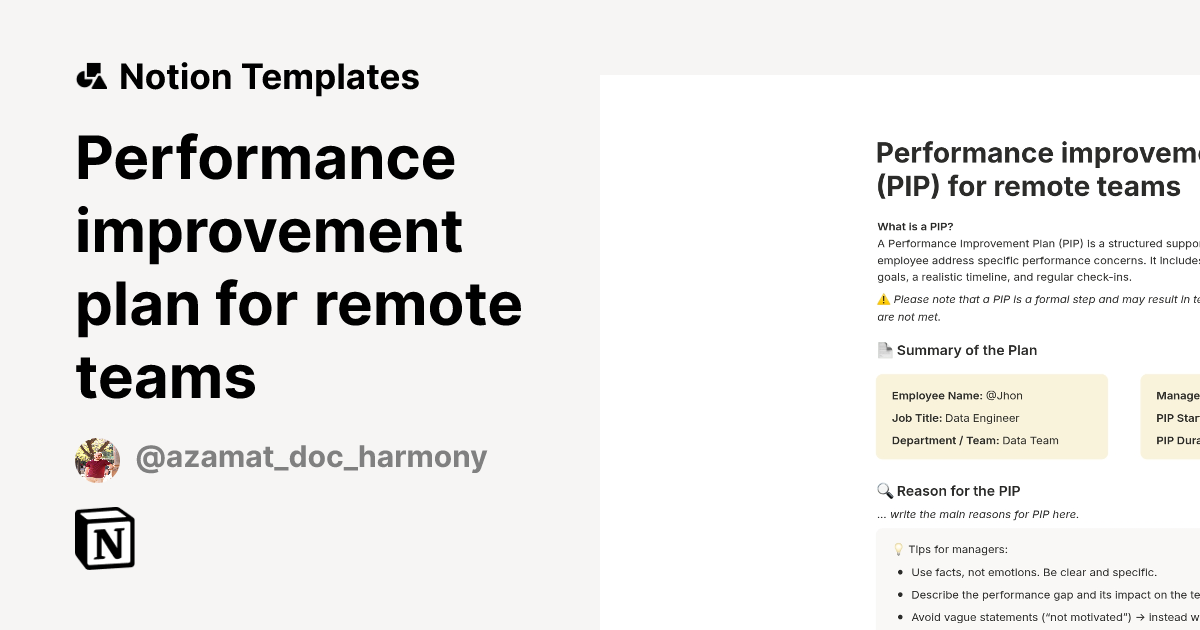 תבנית Performance improvement plan for remote teams | Marketplace של Notion