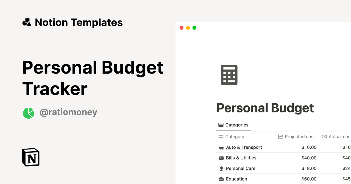 תבנית Personal Budget Tracker מאת Ratio Money | Marketplace של Notion