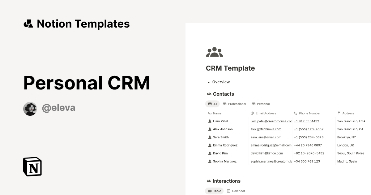תבנית Personal CRM מאת ELEVA | Marketplace של Notion