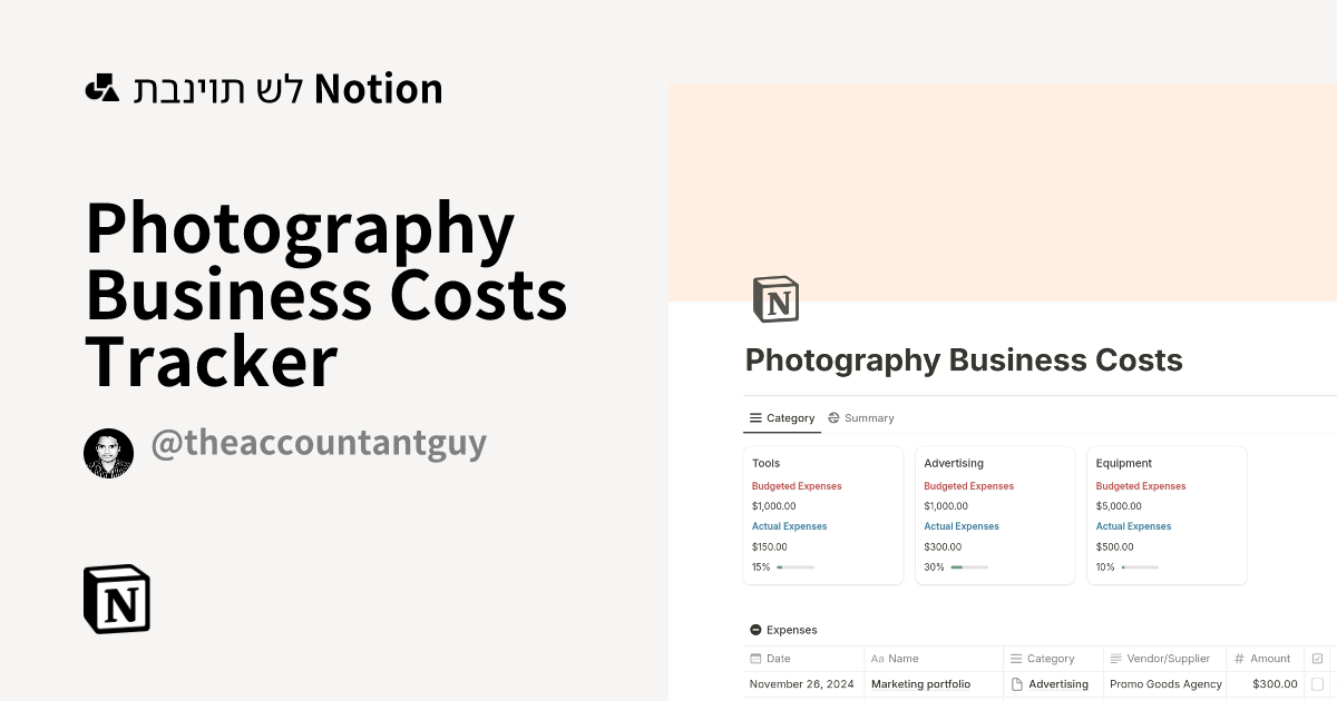תבנית Photography Business Costs Tracker מאת theaccountantguy ...