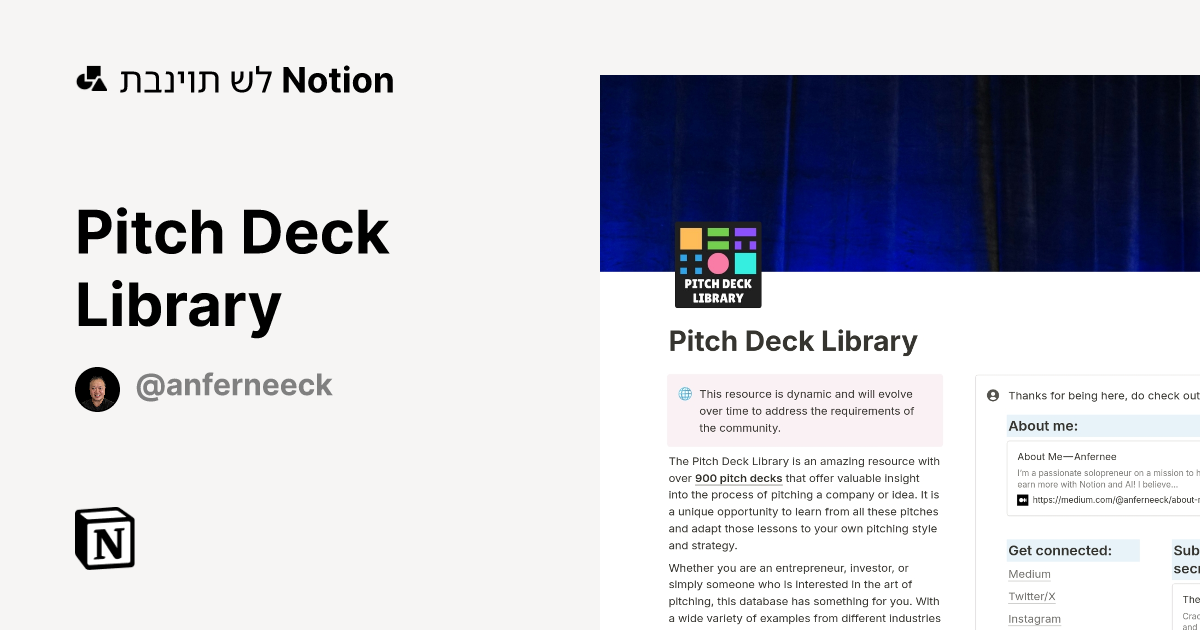 תבנית Pitch Deck Library מאת Anfernee | Marketplace של Notion