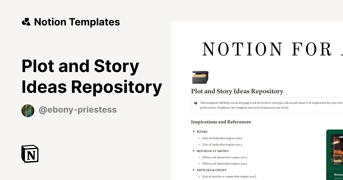 תבנית Plot and Story Ideas Repository | Marketplace של Notion