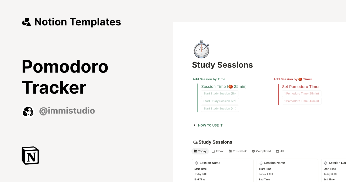 תבנית Pomodoro Tracker מאת Immi | Marketplace של Notion