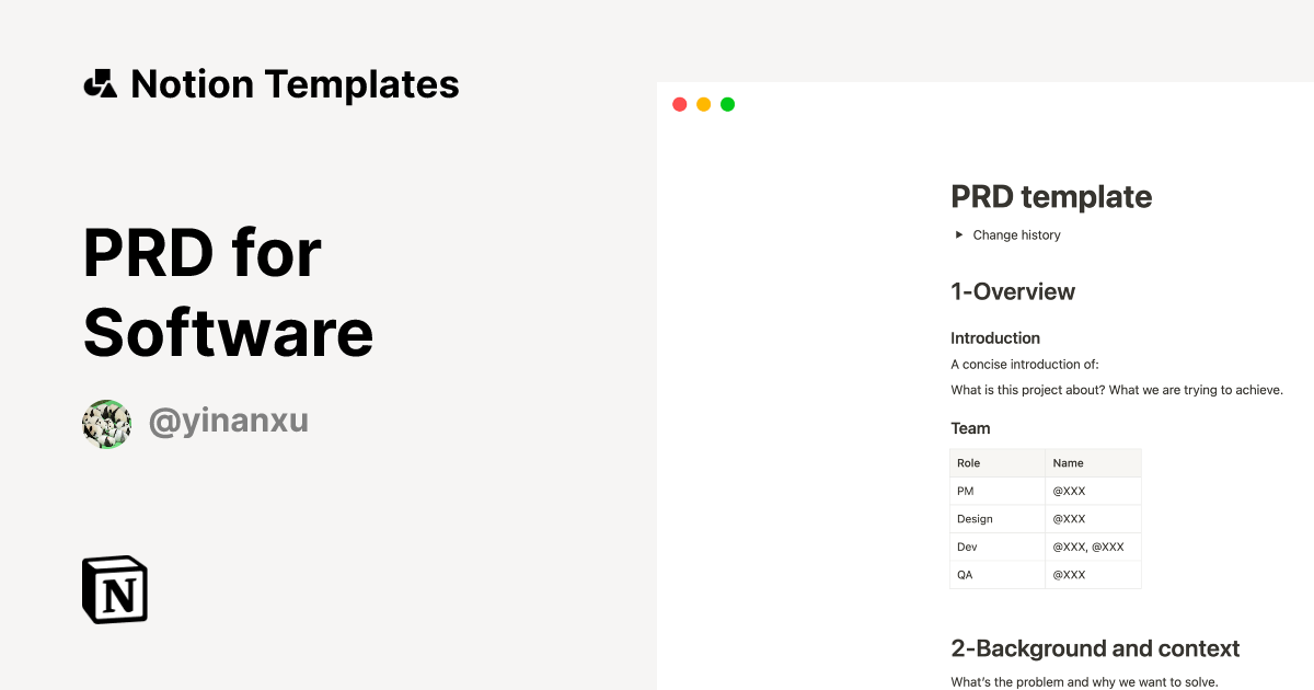 תבנית PRD for Software מאת Yinan Xu | Marketplace של Notion