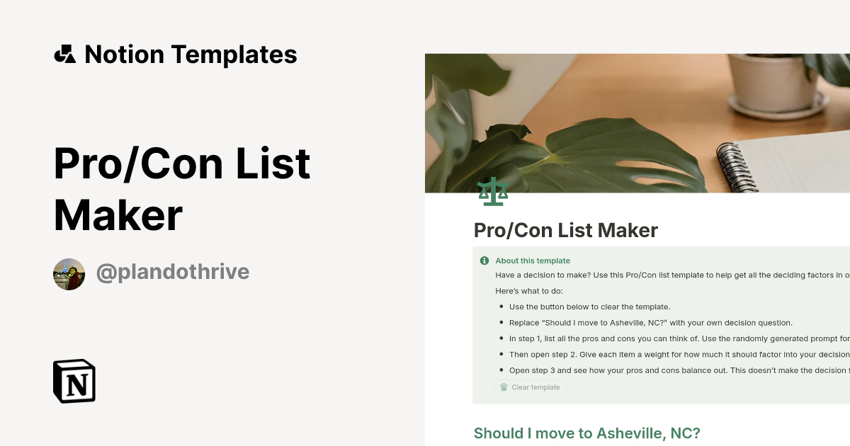 תבנית Pro/Con List Maker | Marketplace של Notion