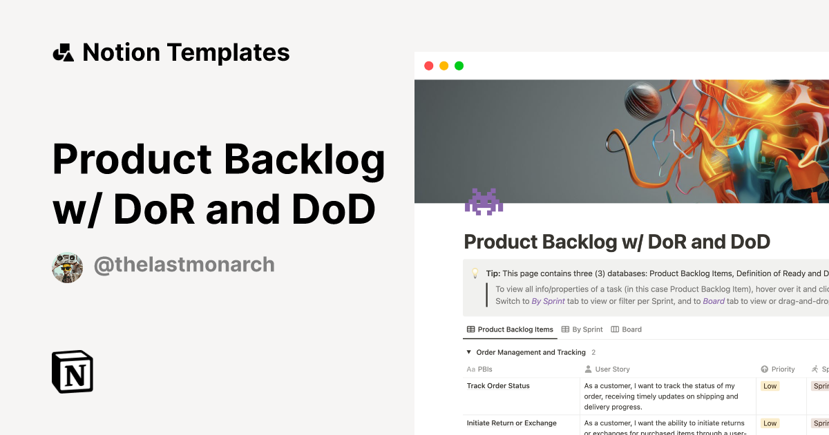 תבנית Product Backlog w/ DoR and DoD מאת Csco | Marketplace של Notion