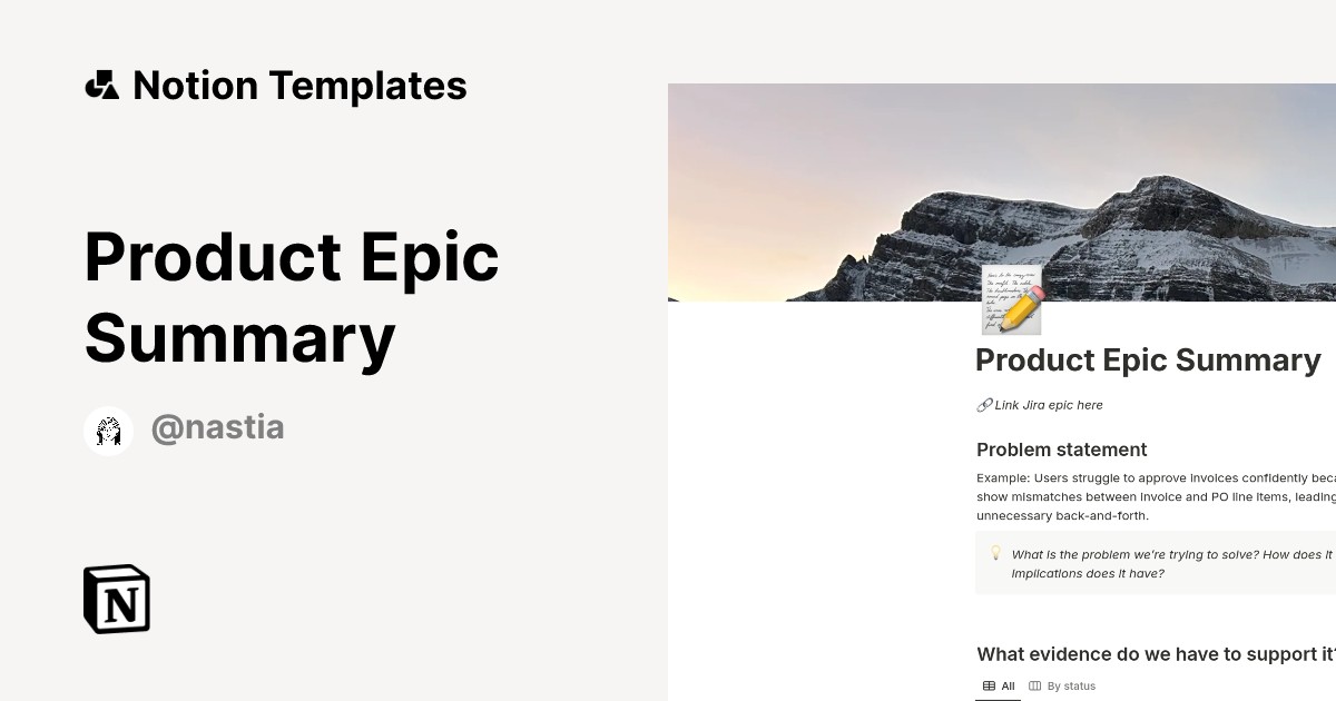 תבנית Product Epic Summary | Marketplace של Notion