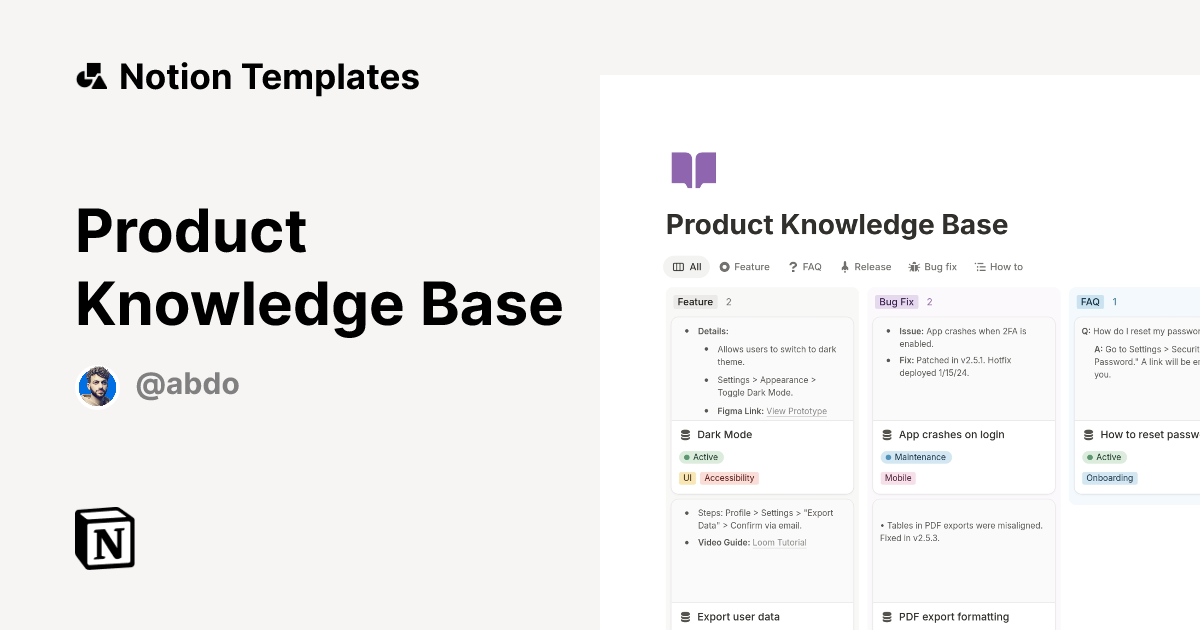 תבנית Product Knowledge Base | Marketplace של Notion