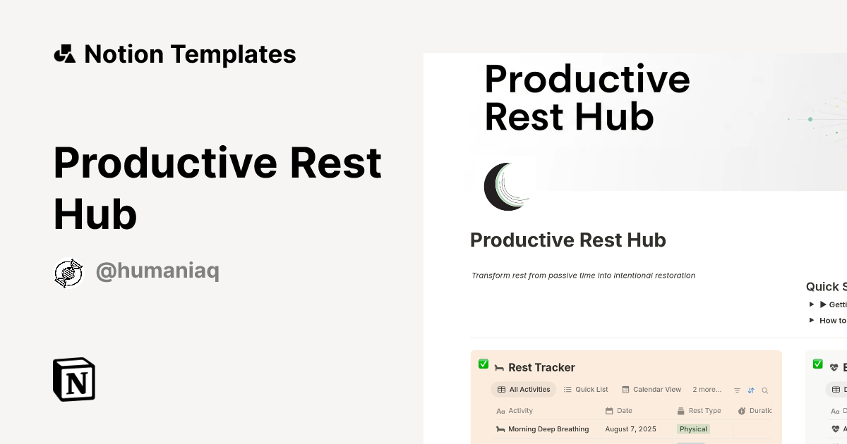 תבנית Productive Rest Hub מאת Humaniaq | Marketplace של Notion