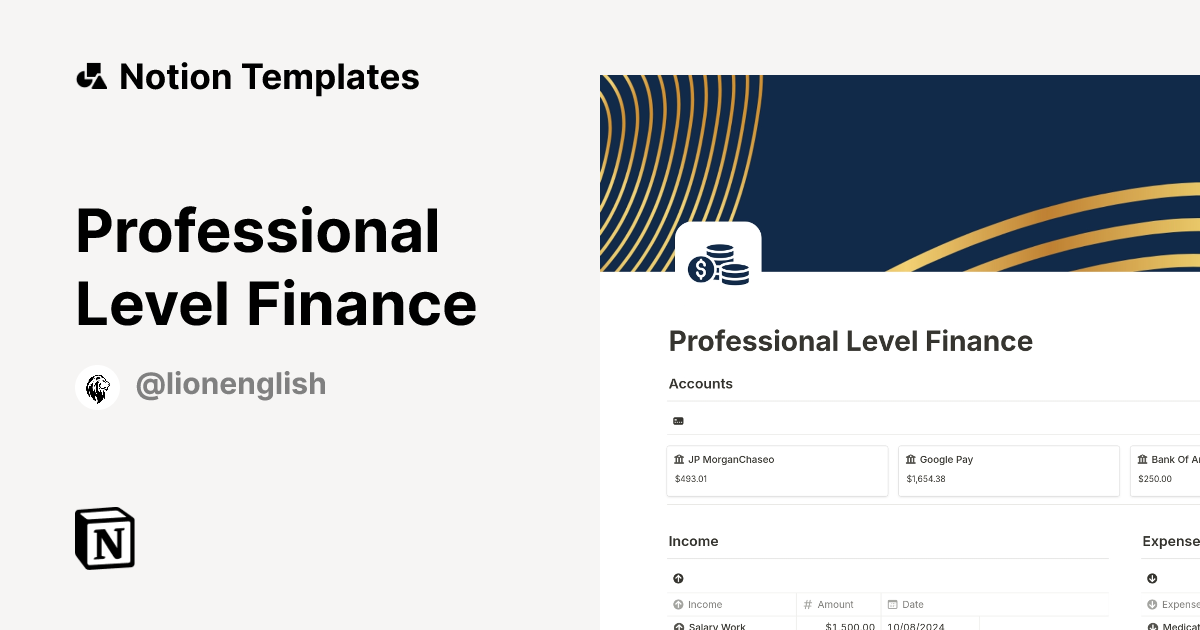 תבנית Professional Level Finance מאת Lion | Marketplace של Notion