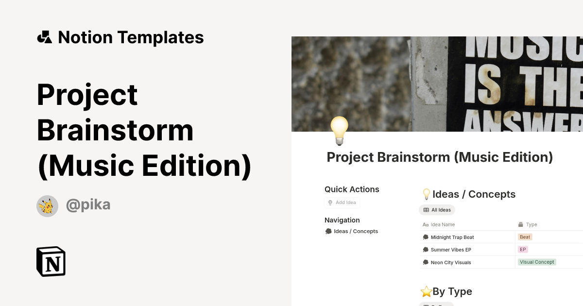 תבנית Project Brainstorm (Music Edition) | Marketplace של Notion