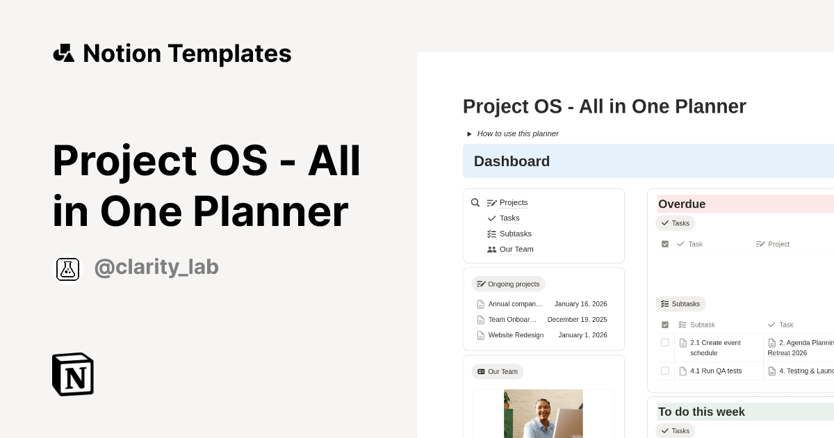 תבנית Project OS - All in One Planner | Marketplace של Notion