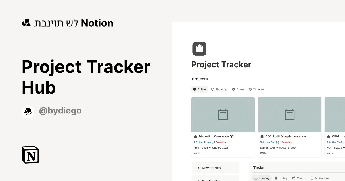 תבנית Project Tracker Hub מאת byDiego | Marketplace של Notion