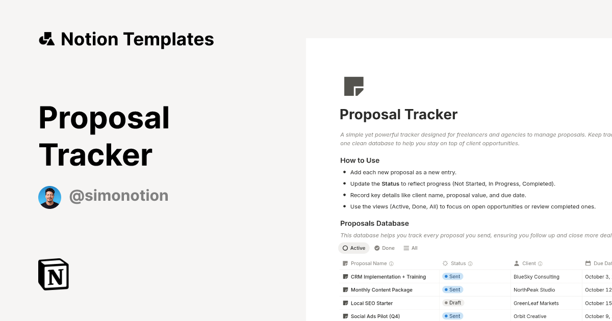 תבנית Proposal Tracker | Marketplace של Notion